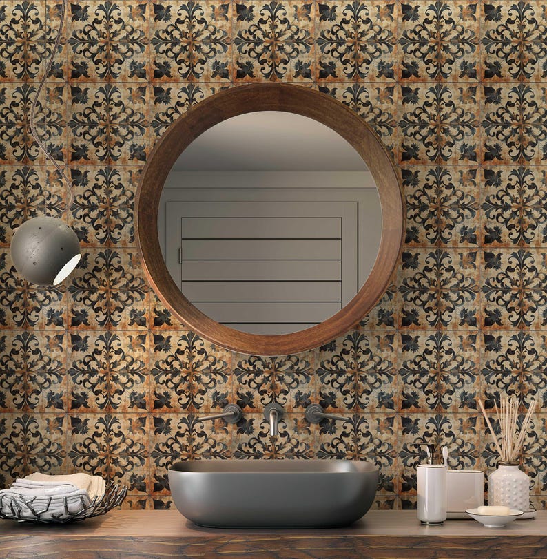 Black Tan Rust Ceramic Tile - Vintage French Tile Design - Black ...