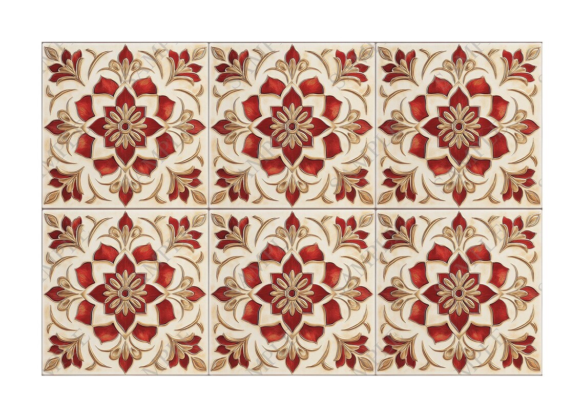 Red Cream Patterned Ceramic Tile - Unique Red Kitchen Backsplash Tiles ...