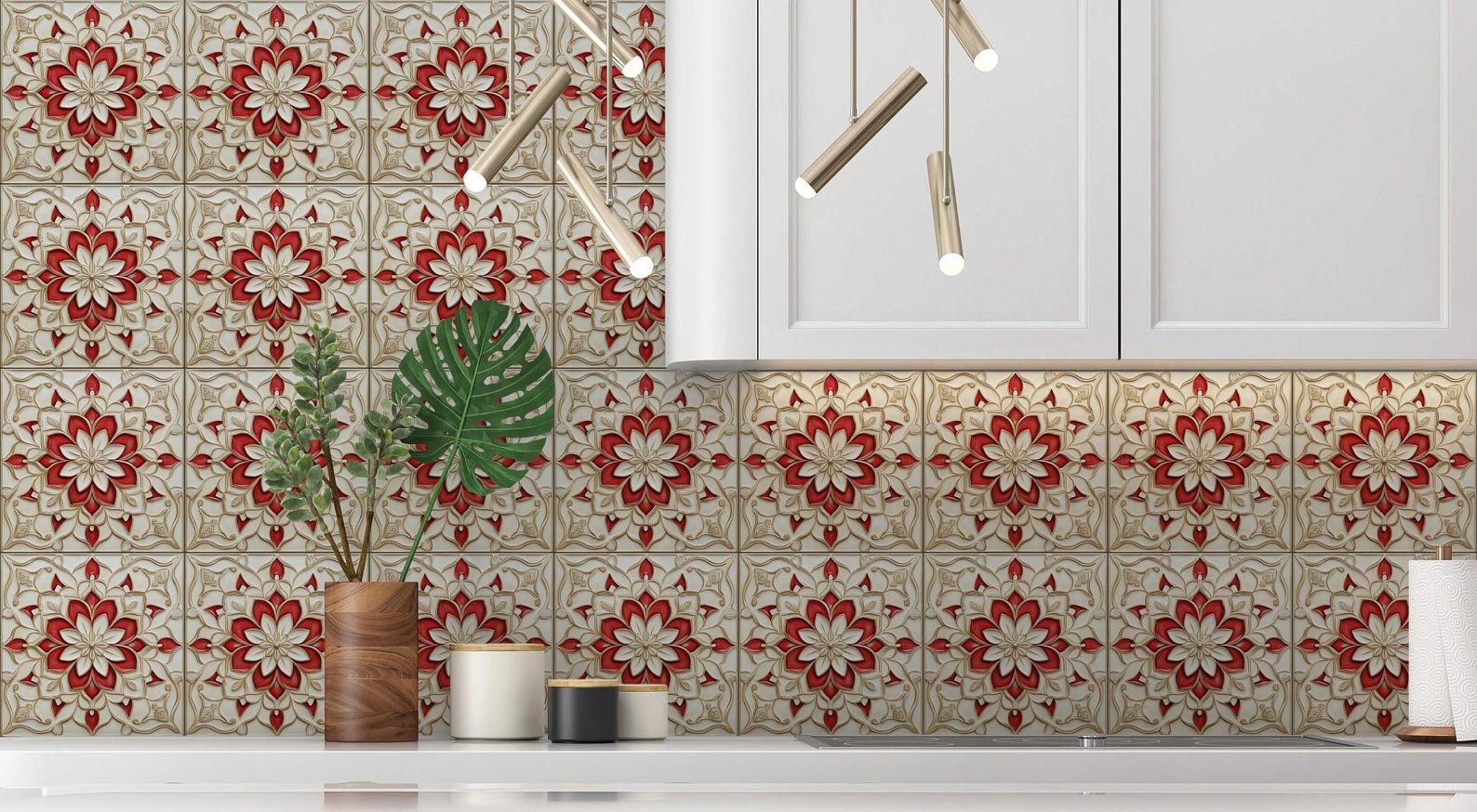 Red Cream Patterned Ceramic Tile - Unique Red Kitchen Backsplash Tiles ...