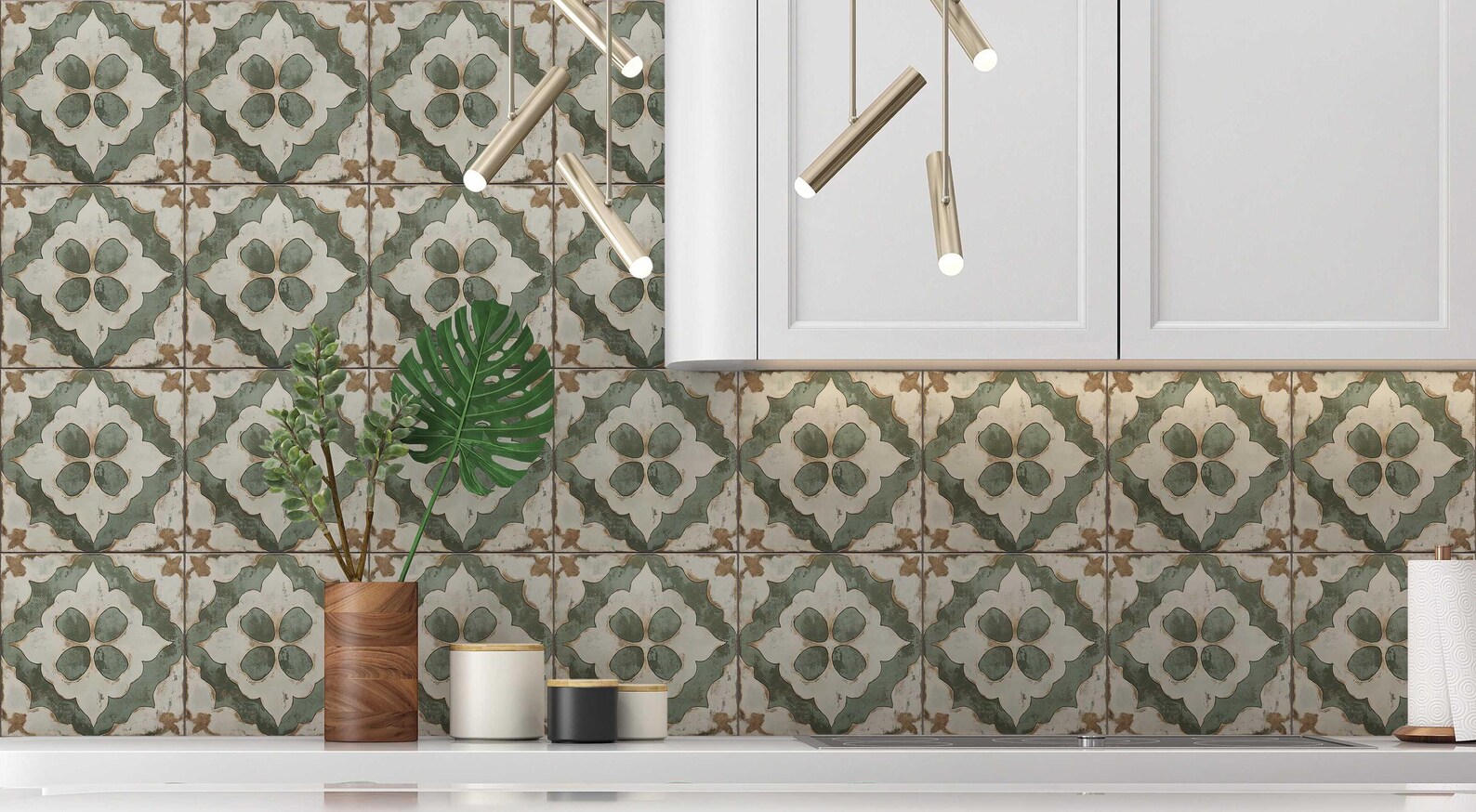 Ceramic Tile Sage Green Patterned Vintage Design Kitchen Backsplash ...