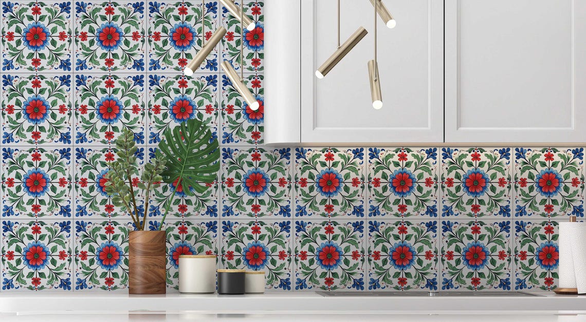 Blue Red Green Floral Ceramic Tile - Vintage Floral Design Tile Ceramic ...