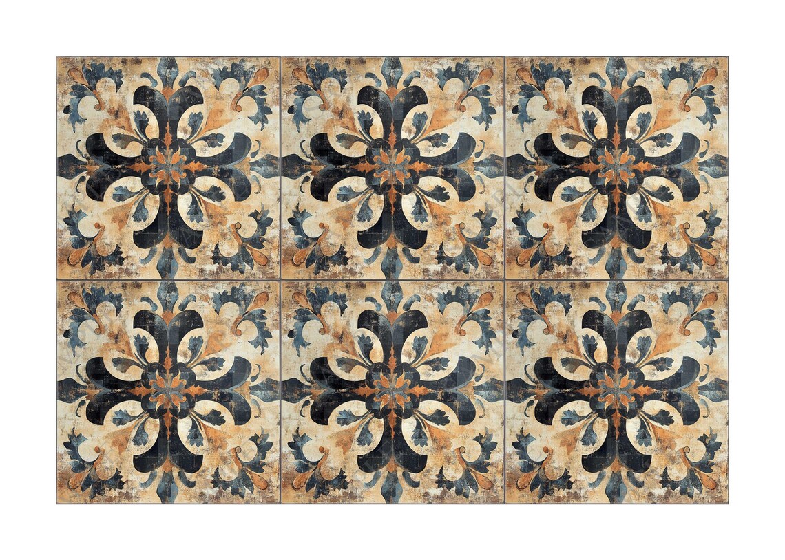Black Tan Rust Ceramic Tile - Vintage French Tile Design - Black ...