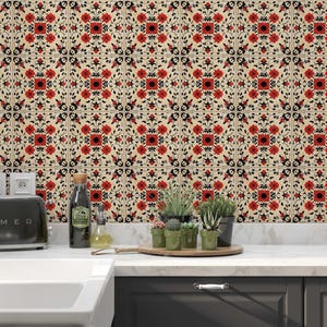 Red and Black Floral Ceramic Tile - Cottage Kitchen Backsplash Tile ...
