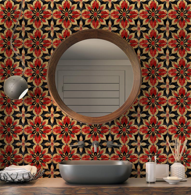 Red Patterned Ceramic Tile - Red Kitchen Backsplash Tile - Red Bathroom ...