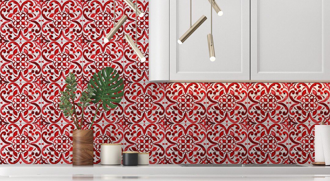 Red White Patterned Ceramic Tile Unique Red Kitchen Backsplash Tile Red ...
