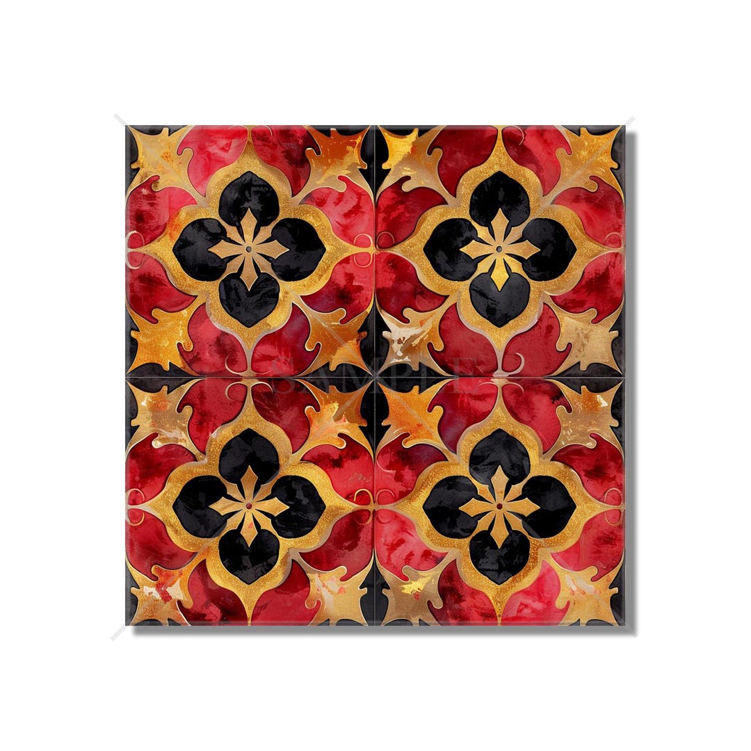 Red Black Gold Patterned Ceramic Tile - Red Kitchen Backsplash Tile ...