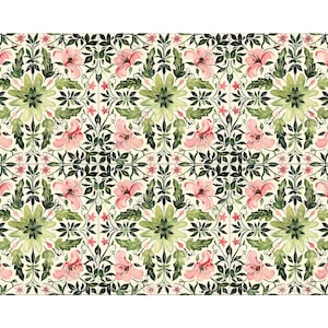 Pink and Green Floral Ceramic Tile - Cottage Kitchen Backsplash Tile ...