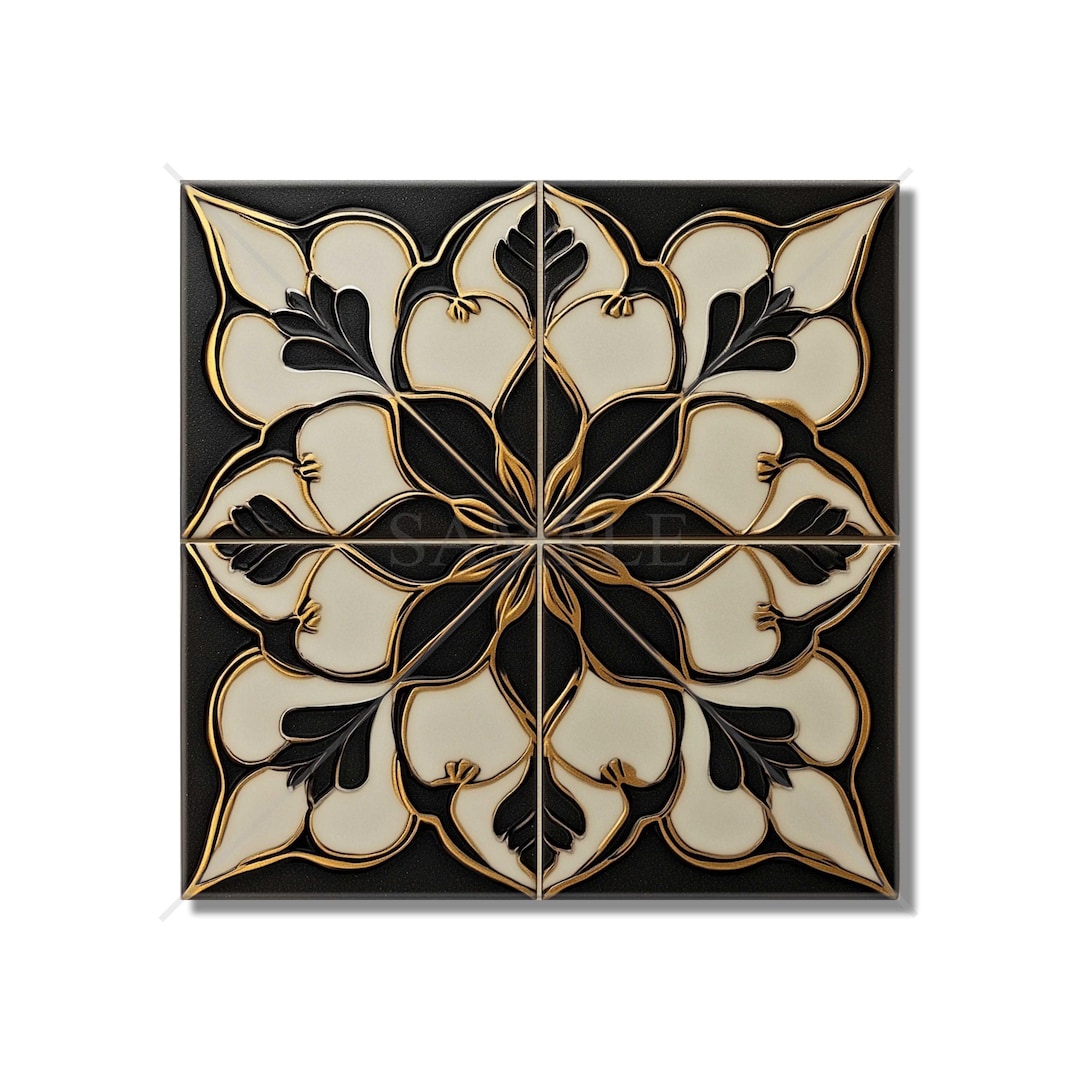 Black Patterned Ceramic Tile - Vintage Design Tile Design - Kitchen ...