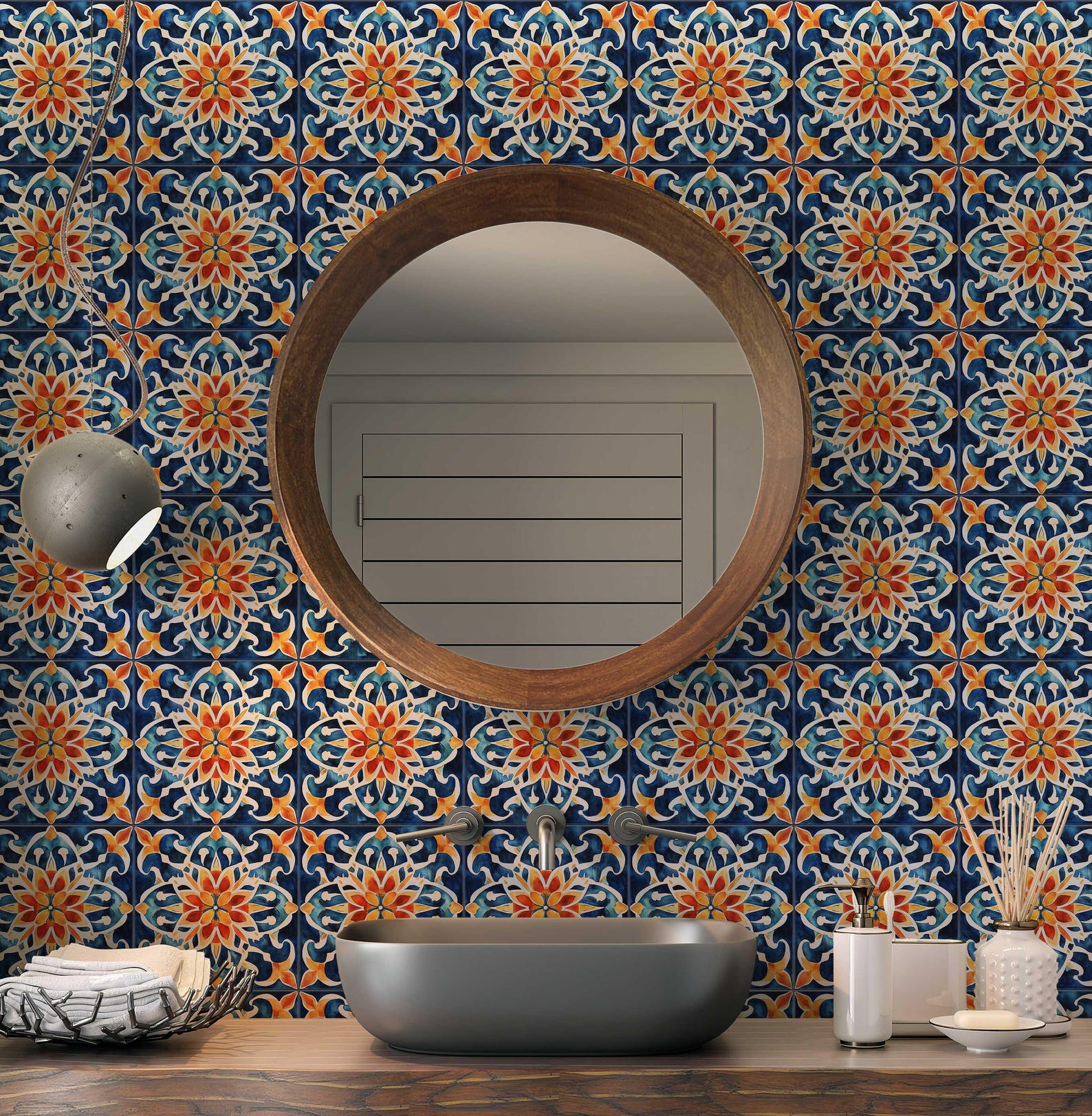Blue and Orange Ceramic Tile - Vintage Moroccan Tile Design - Blue ...