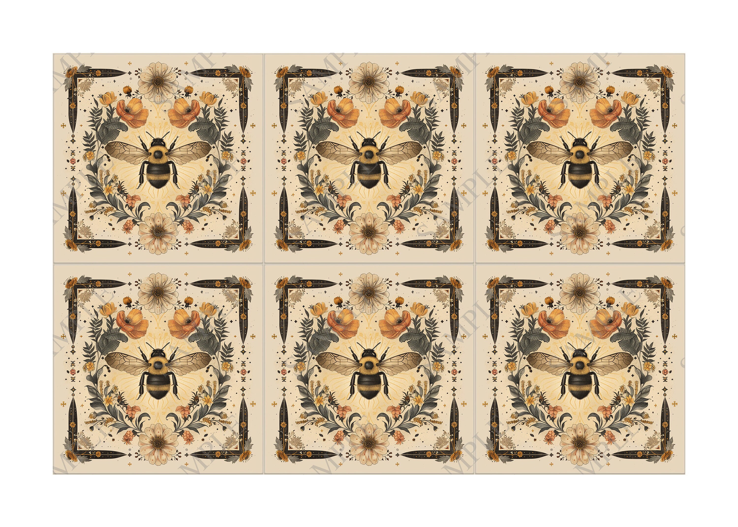 Vintage Botanical Bee Design Ceramic Tile - Kitchen Backsplash Tile ...