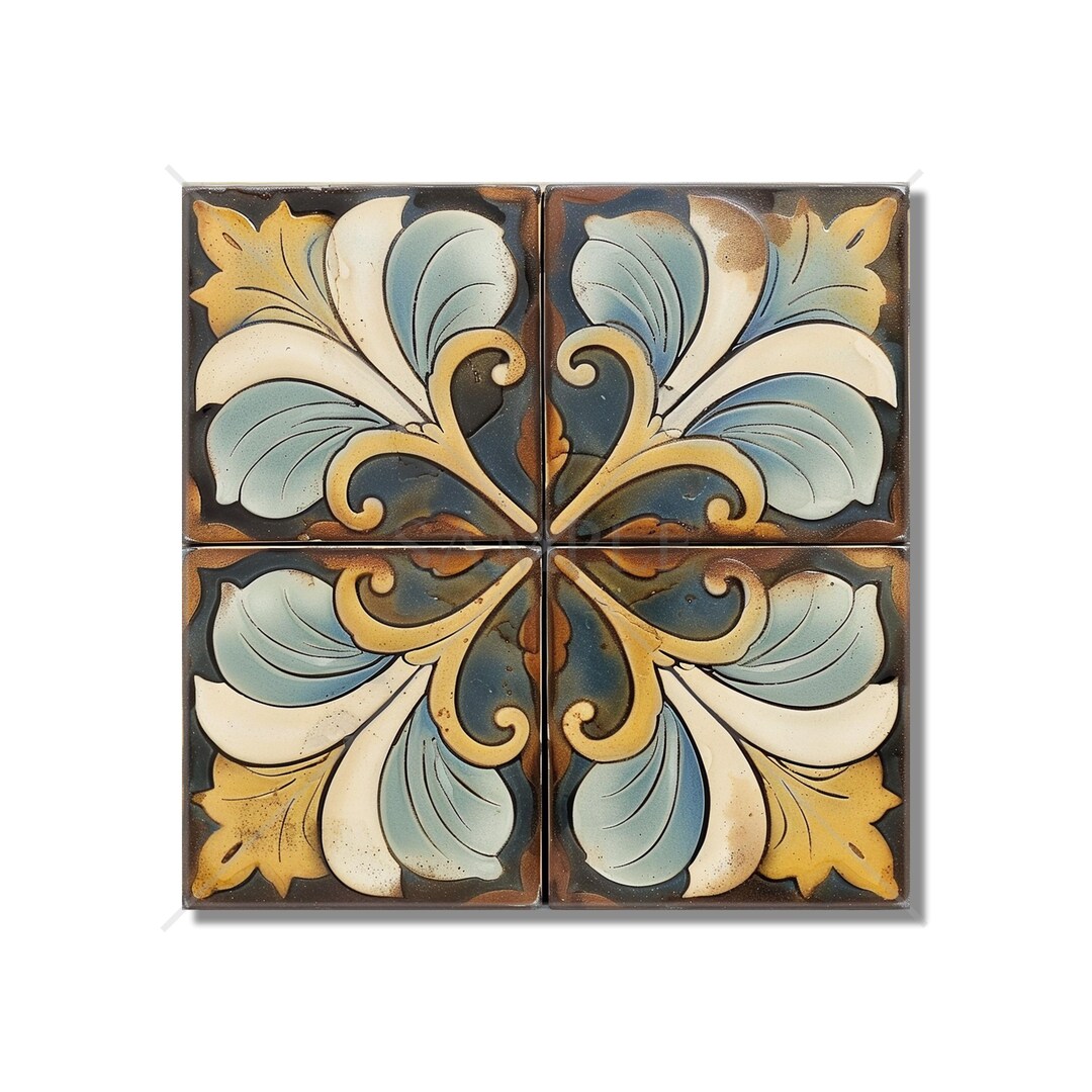 Ceramic Tile Kitchen Backsplash Tile - Blue Gold Patterned Medallion ...