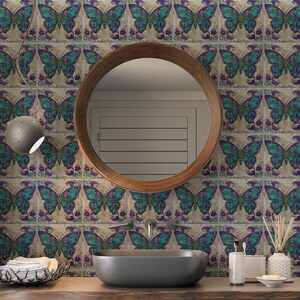 Turquoise Purple Butterfly Design Ceramic Accent Tile - Kitchen Accent ...