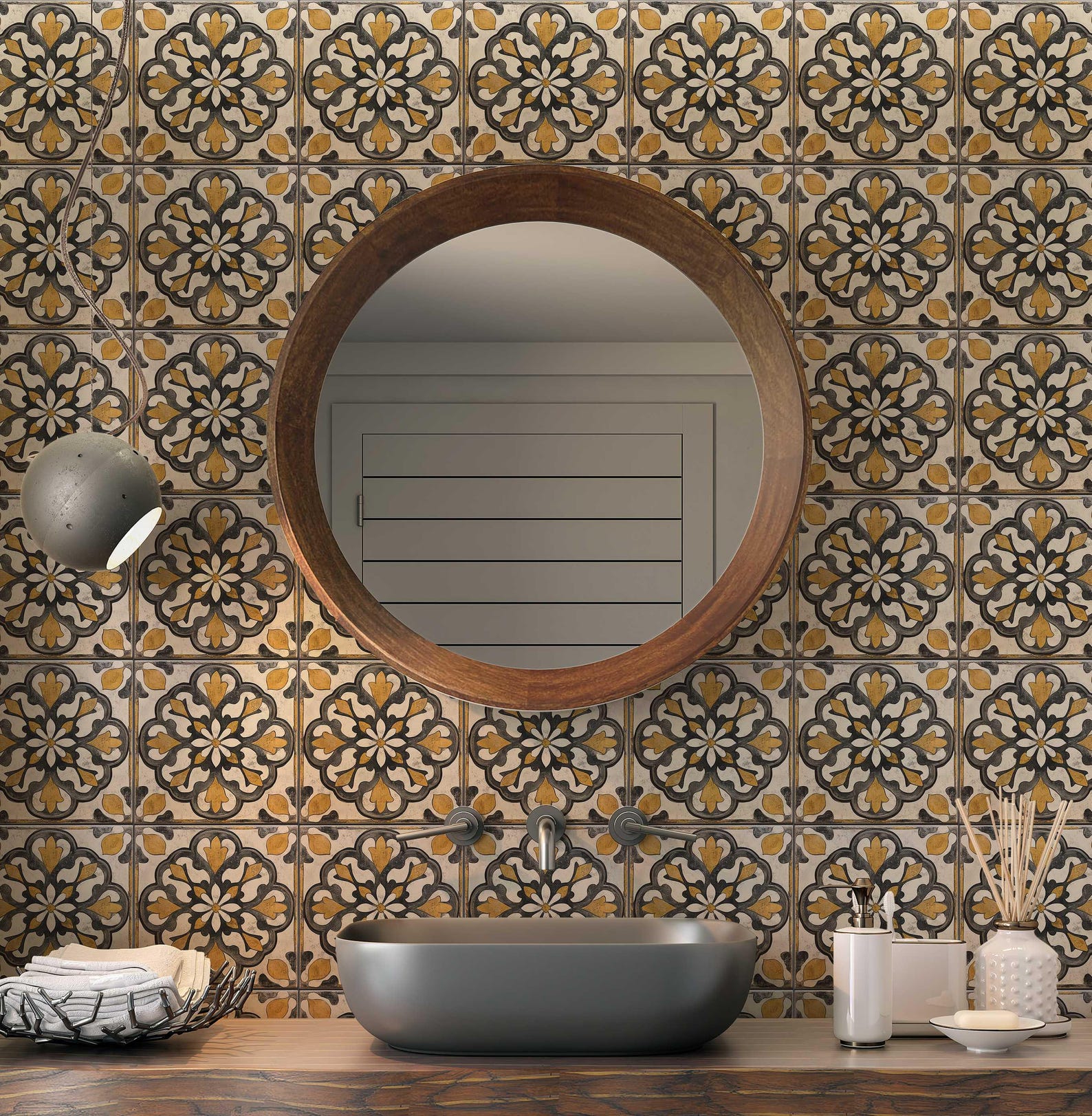 Rustic Black and Mustard Yellow Patterned Ceramic Tiles Vintage ...