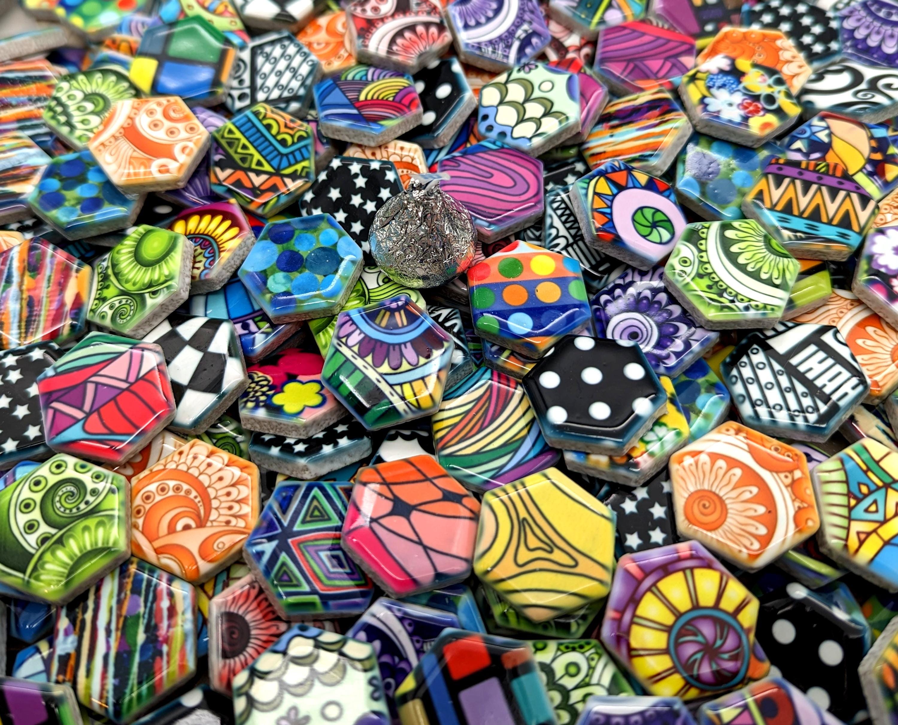 SALE 1 Pound Mixed Mosaic Tiles Bright Colors Hexagon Shaped Ceramic ...