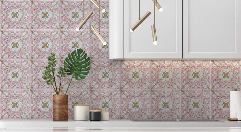 Pink Ceramic Tile Pink and White Patterned Kitchen Backsplash Tile ...