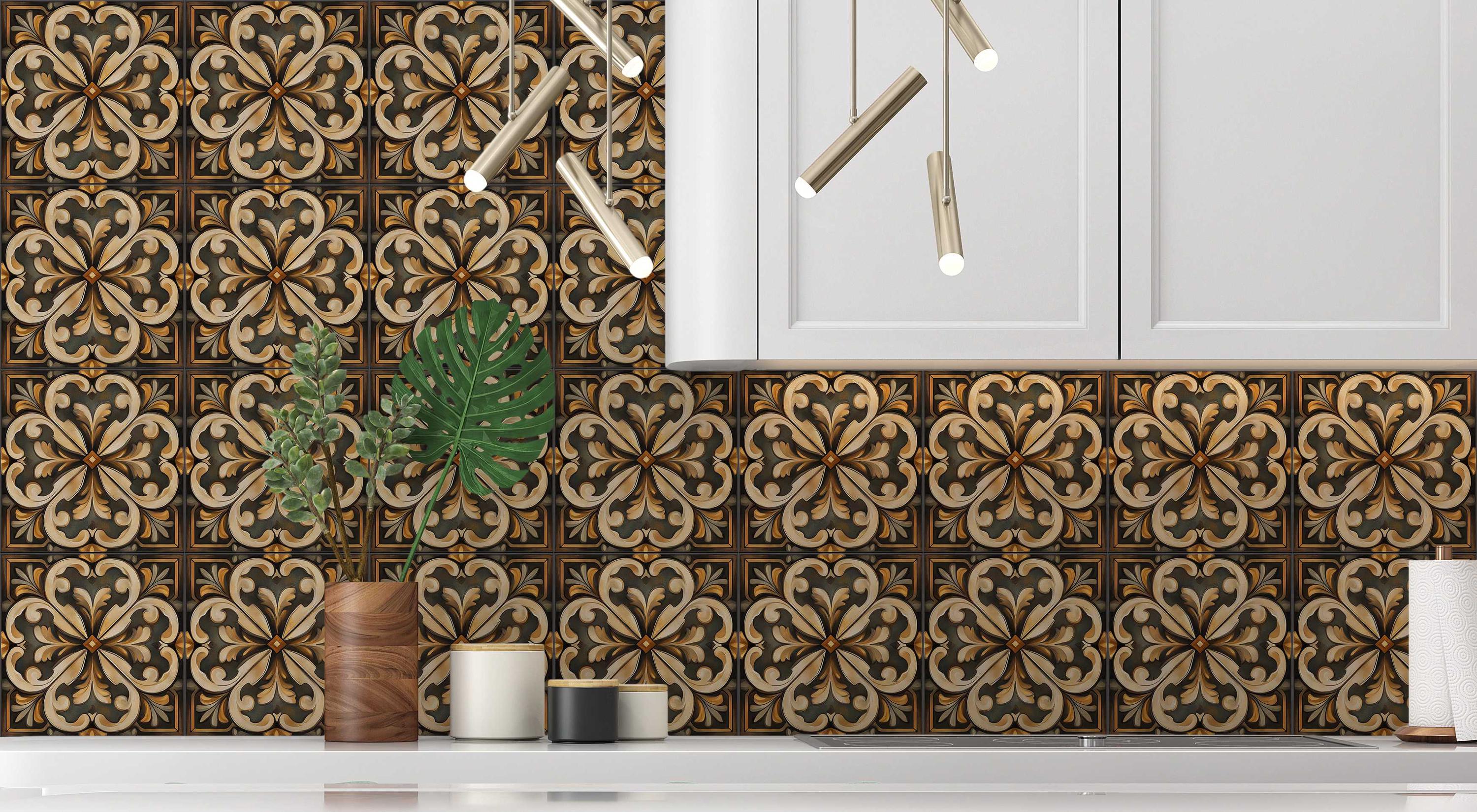 Antique Design Brown Ceramic Tiles - Brown Patterned Kitchen Backsplash ...