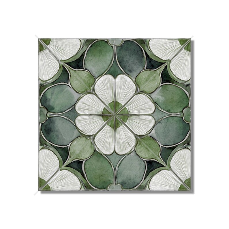 Ceramic Tile Green Patterned Vintage Floral Design Kitchen Backsplash ...