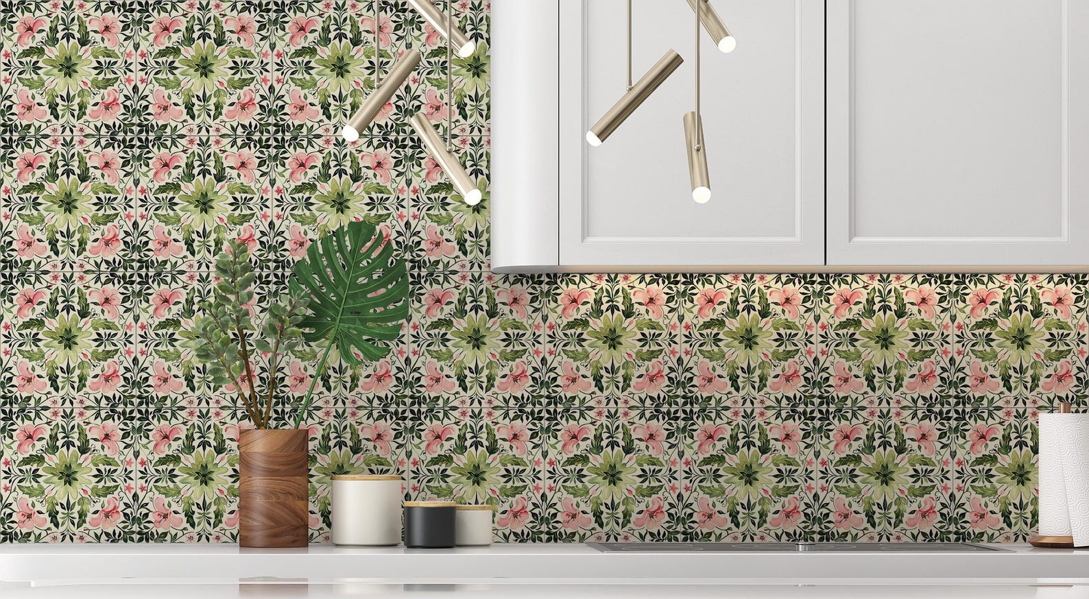 Pink and Green Floral Ceramic Tile - Cottage Kitchen Backsplash Tile ...