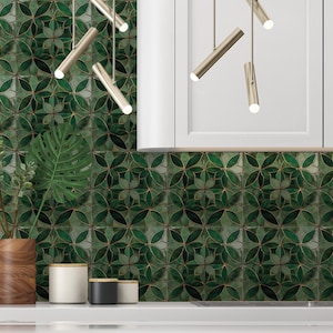 Dark Green Patterned Ceramic Tile - Green Kitchen Backsplash Tile ...