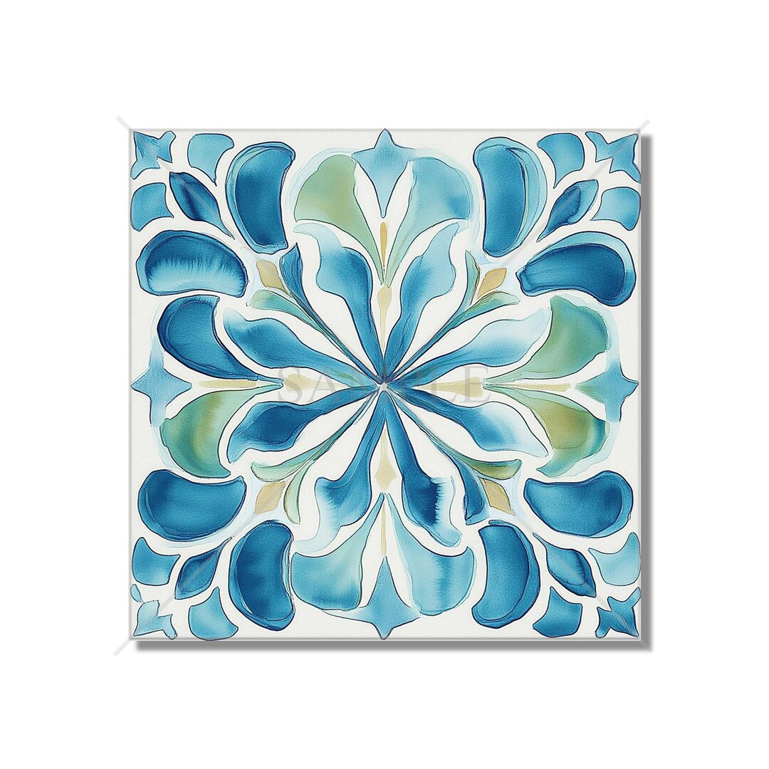Blue and Green Patterned Ceramic Tile - Patterned Blue Kitchen ...