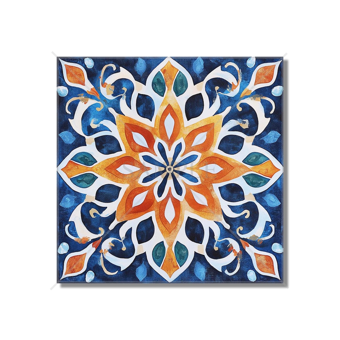 Blue and Orange Ceramic Tile - Vintage Moroccan Tile Design - Blue ...