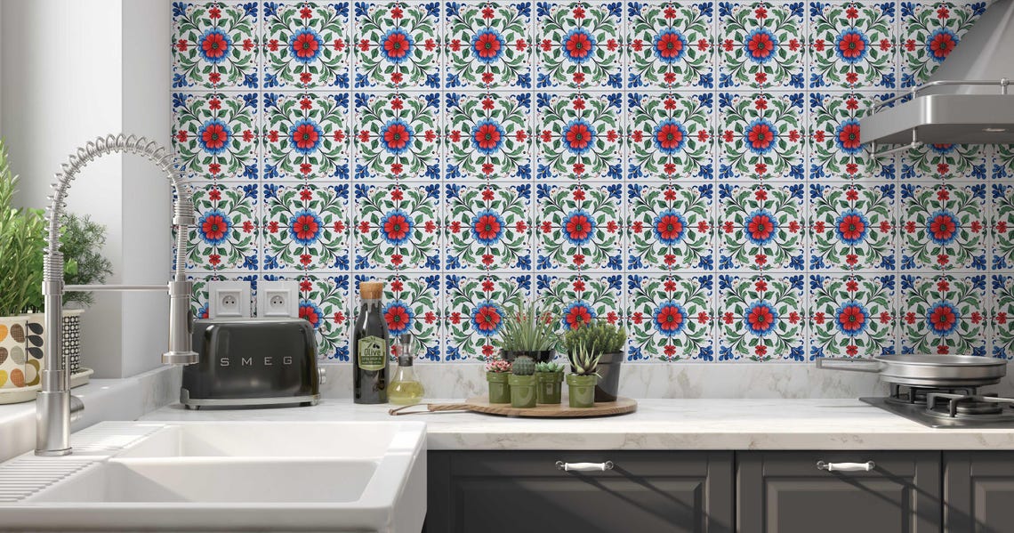 Blue Red Green Floral Ceramic Tile - Vintage Floral Design Tile Ceramic ...