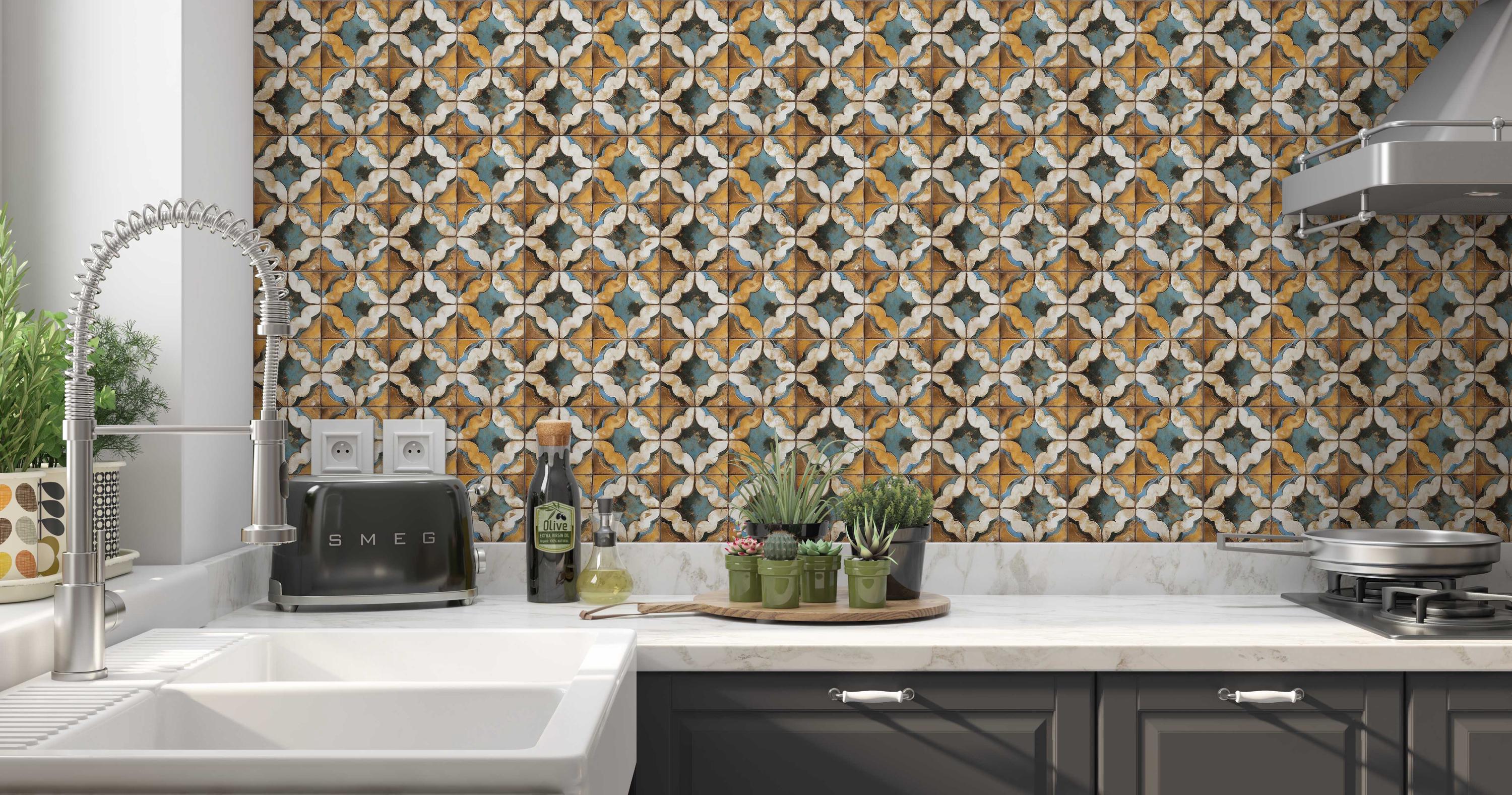 Tan Blue White Ceramic Tile - Vintage Moroccan Tile Design - Kitchen ...