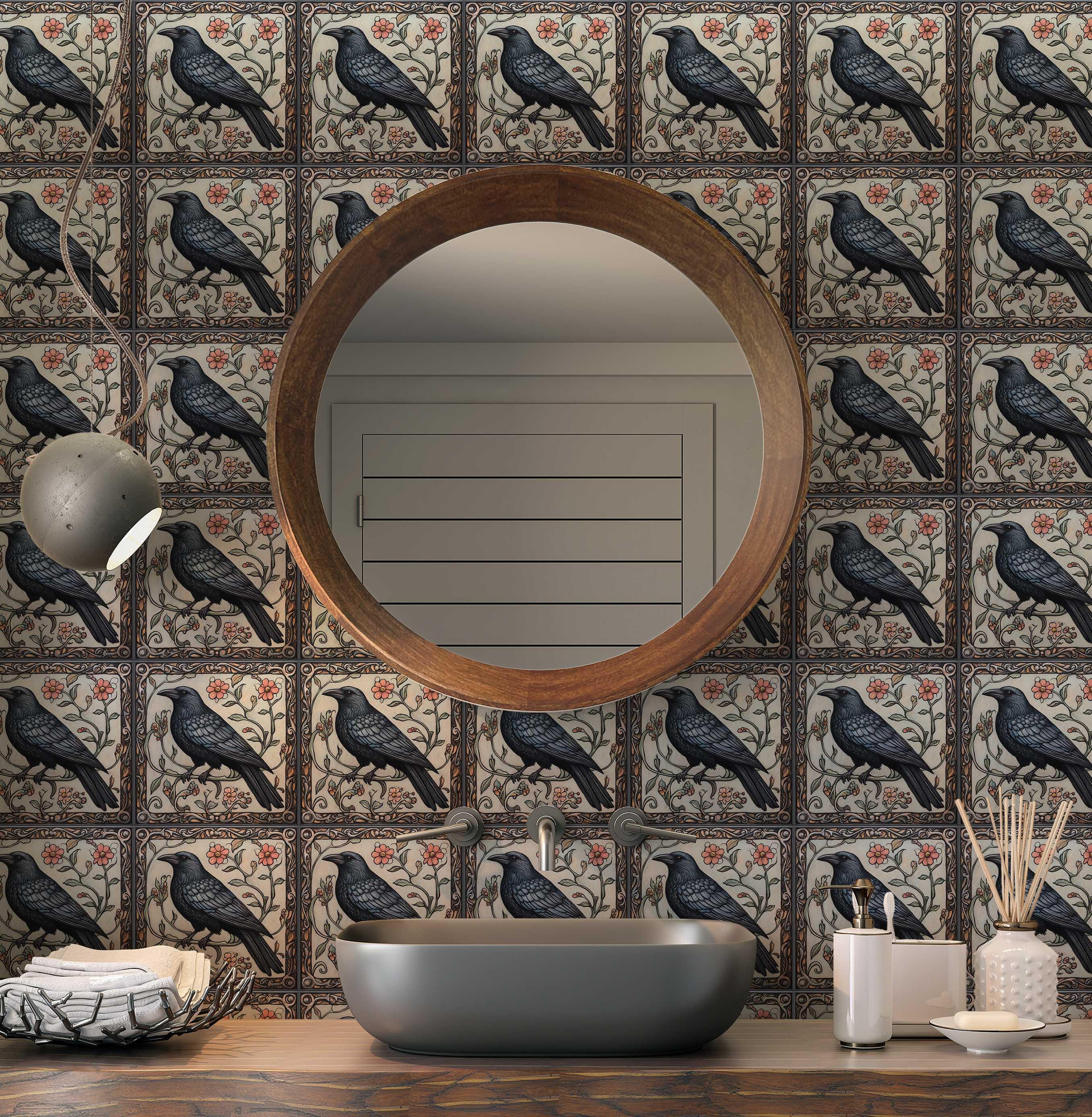 Raven Bird Ceramic Tile - Witchy Home Decor Raven Design Wall Tiles ...