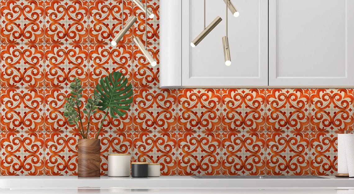 Orange Patterned Ceramic Tile - Orange Kitchen Backsplash Tile ...