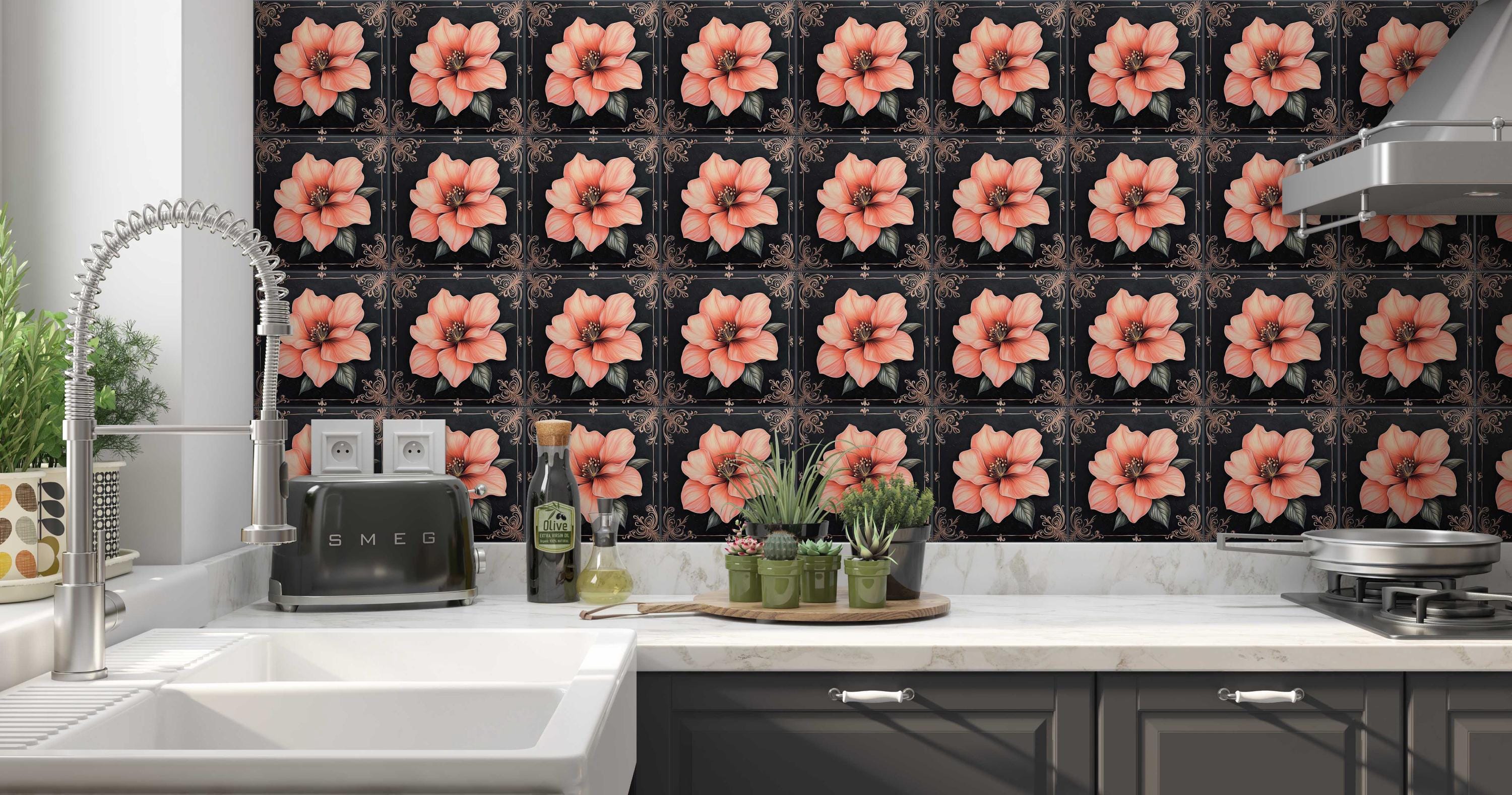 Ceramic Flower Accent Tiles Pink Floral Kitchen Backsplash Tile ...
