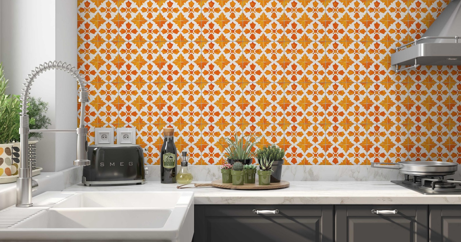 Orange Patterned Ceramic Tile - Orange Kitchen Backsplash Tile ...