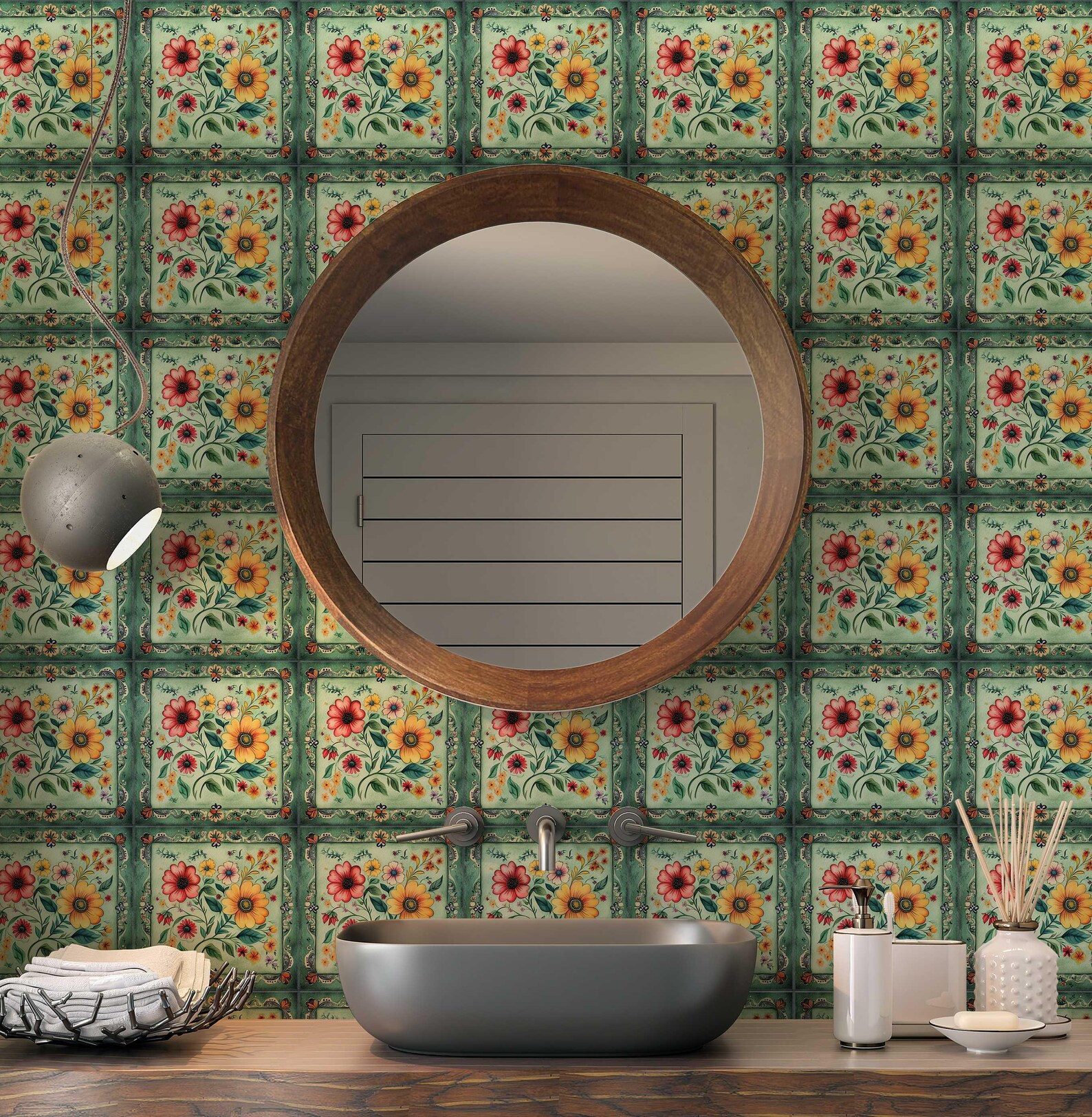 Folk Art Floral Design Ceramic Tile Multi Colored Kitchen Tile ...