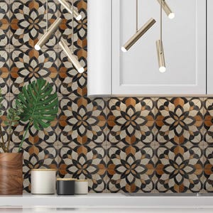 Black and Tan Patterned Ceramic Tile - Patterned Kitchen Backsplash ...