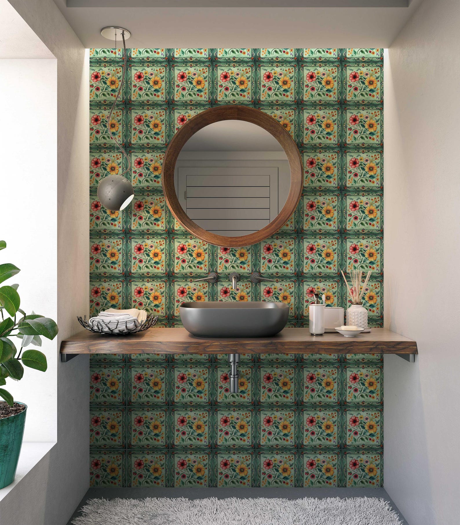 Folk Art Floral Design Ceramic Tile Multi Colored Kitchen Tile ...