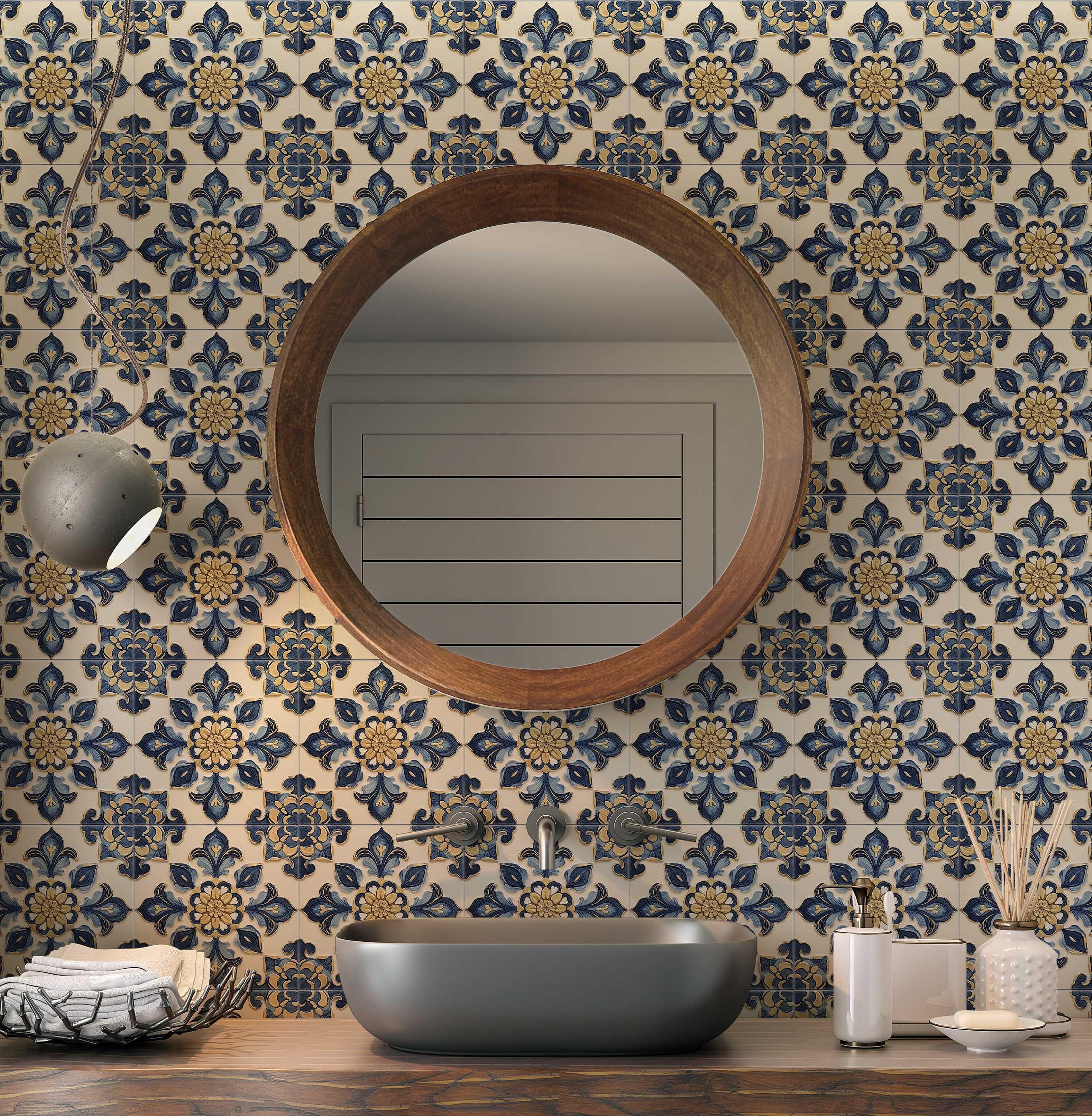 Blue and Gold Ceramic Tile - Blue Kitchen Tile Patterned Backsplash ...