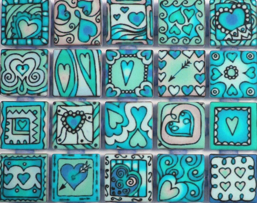 Doodle Hearts Aqua Blue Heart Mosaic - Ceramic Mosaic Tiles - Heart ...
