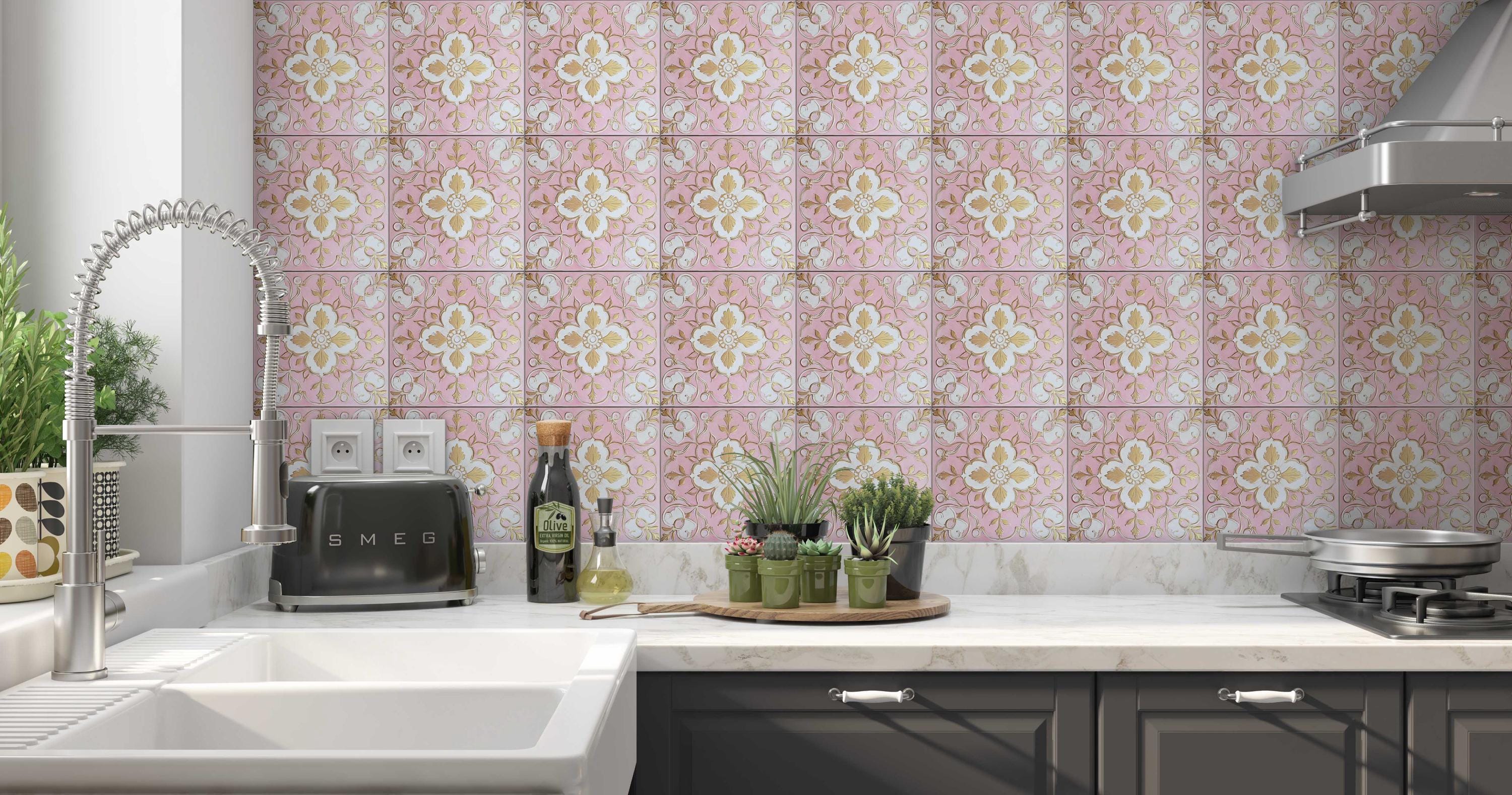 Pink Ceramic Tile Pink and White Patterned Kitchen Backsplash Tile ...
