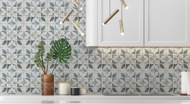 Light Blue Gray Ceramic Tile Patterned Vintage Design Kitchen ...