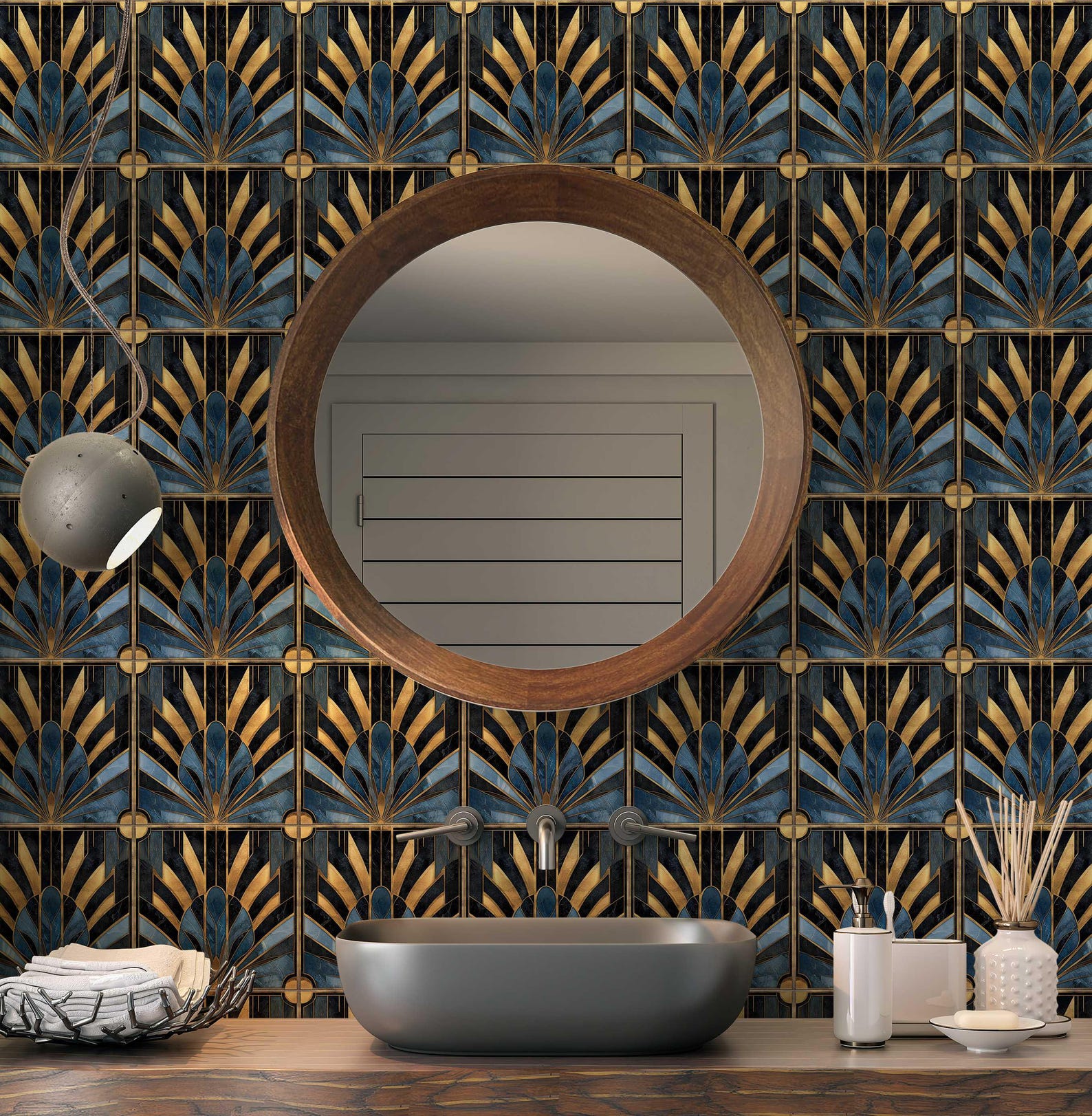 Art Deco Design Ceramic Tile - Black Blue Gold Tones Art Deco Kitchen ...
