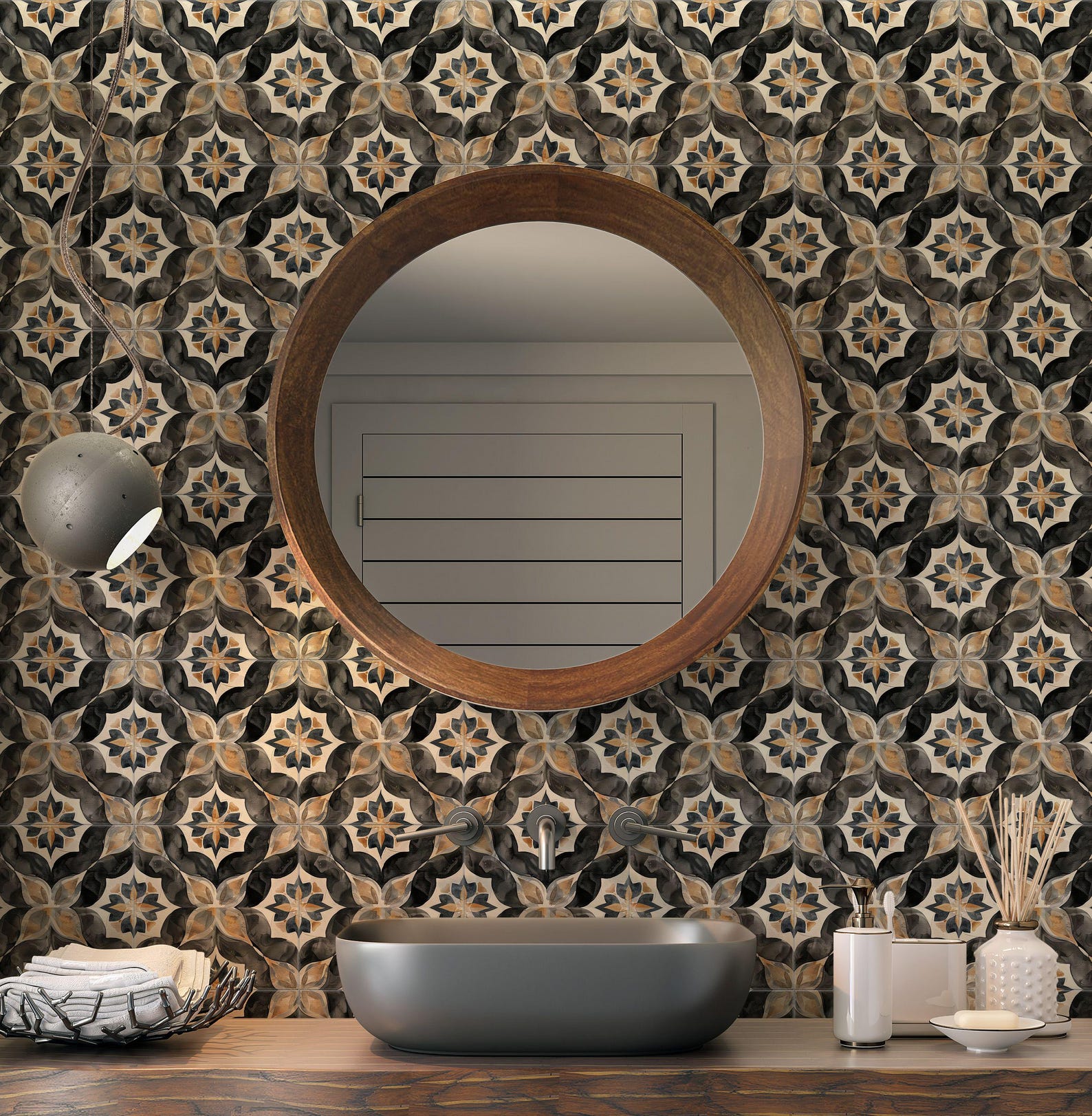 Black Tan Gray Patterned Ceramic Tile - Patterned Kitchen Backsplash ...