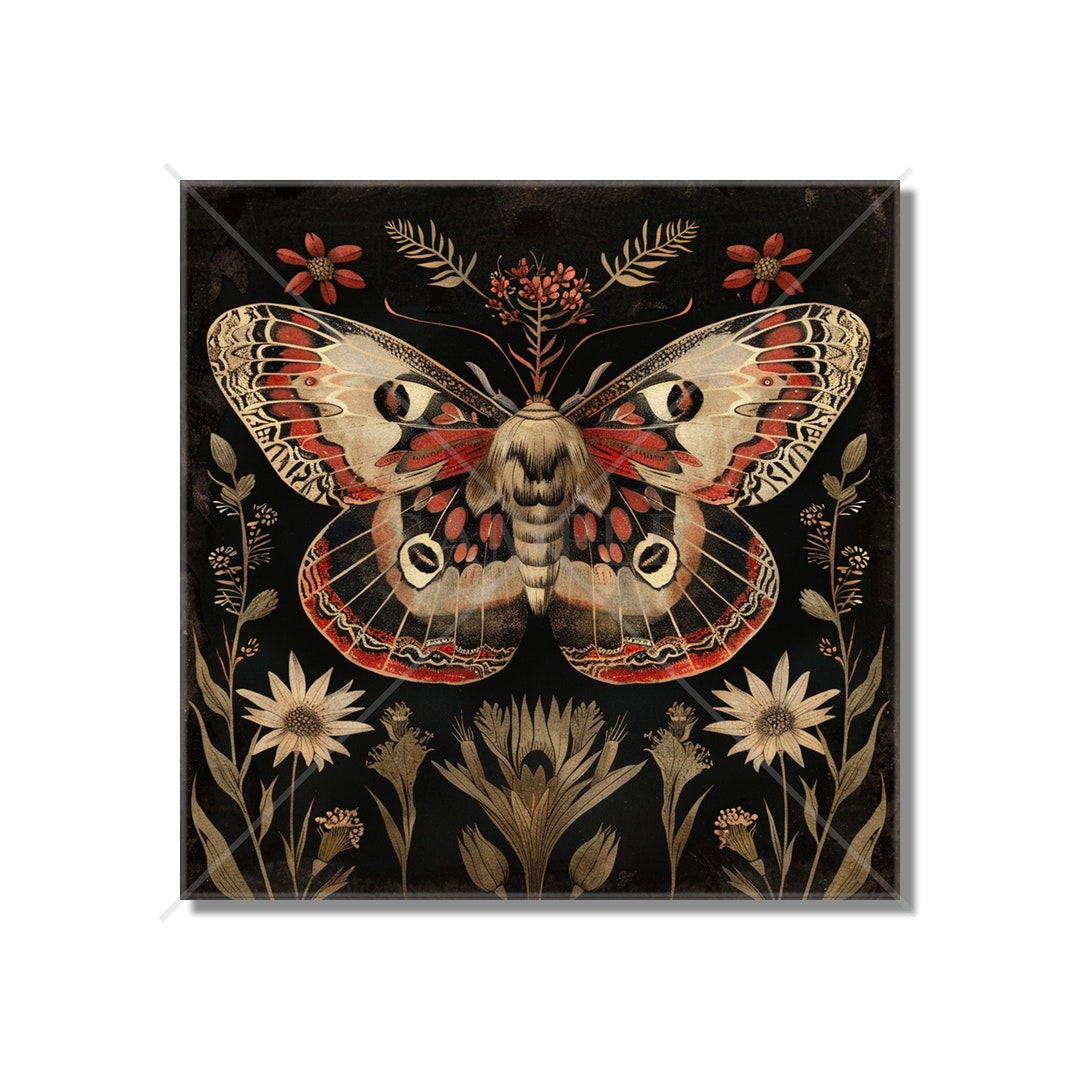 Moody Botanical Moth Design Ceramic Tile - Kitchen Backsplash Tile ...