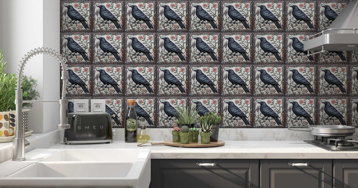 Raven Bird Ceramic Tile - Witchy Home Decor Raven Design Wall Tiles ...
