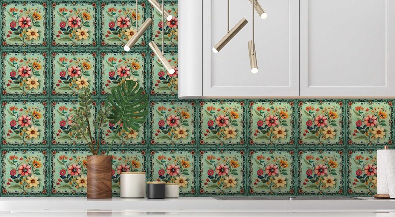Folk Art Floral Design Ceramic Tile Multi Colored Kitchen Tile ...