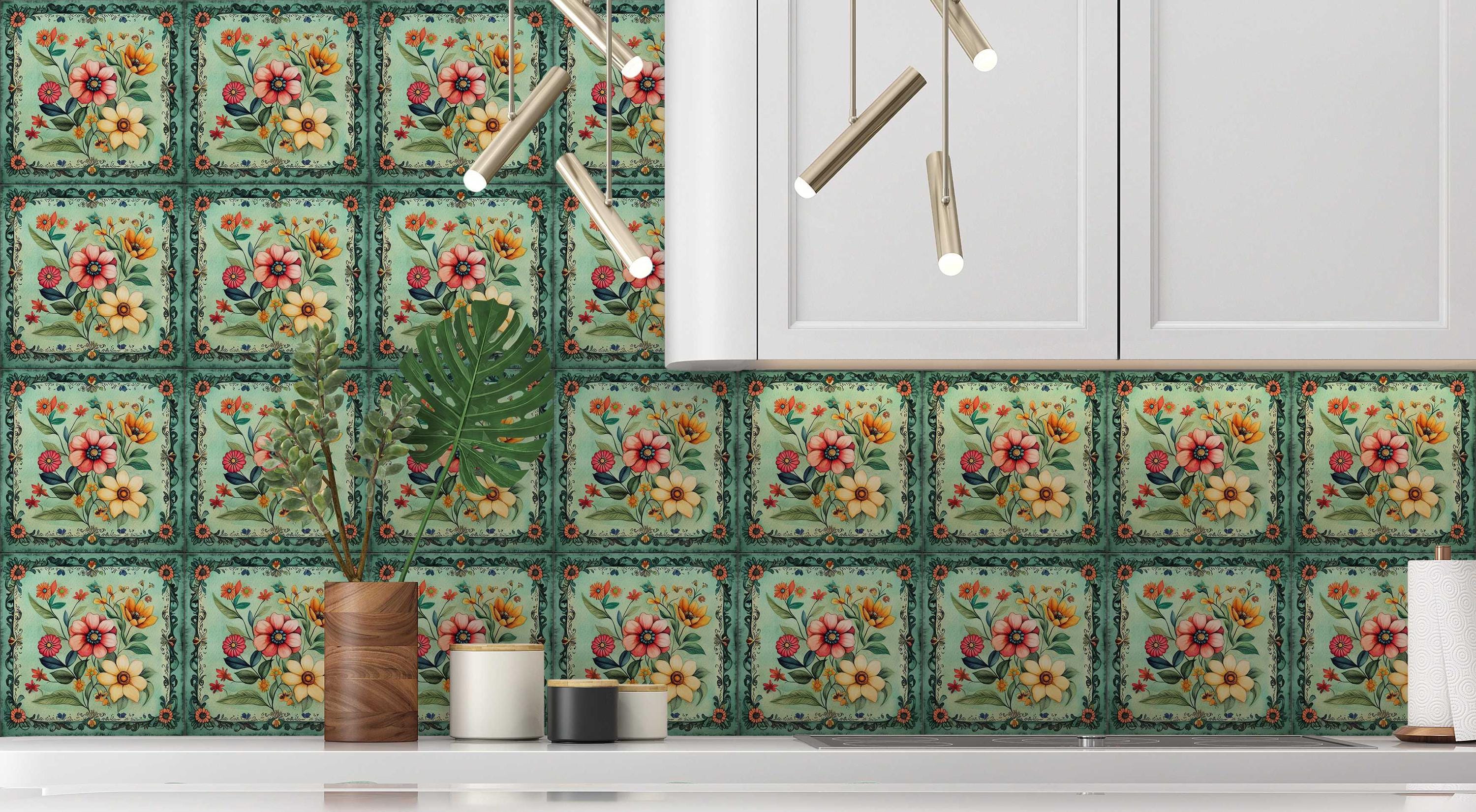 Folk Art Floral Design Ceramic Tile Multi Colored Kitchen Tile ...