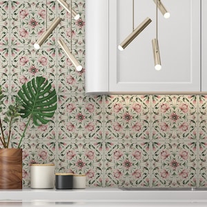 Pink and Green Floral Ceramic Tile - Cottage Kitchen Backsplash Tile ...