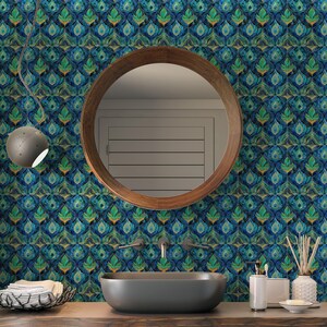 Blue Green Peacock Design Ceramic Tile Peacock Feather Tile Unique ...