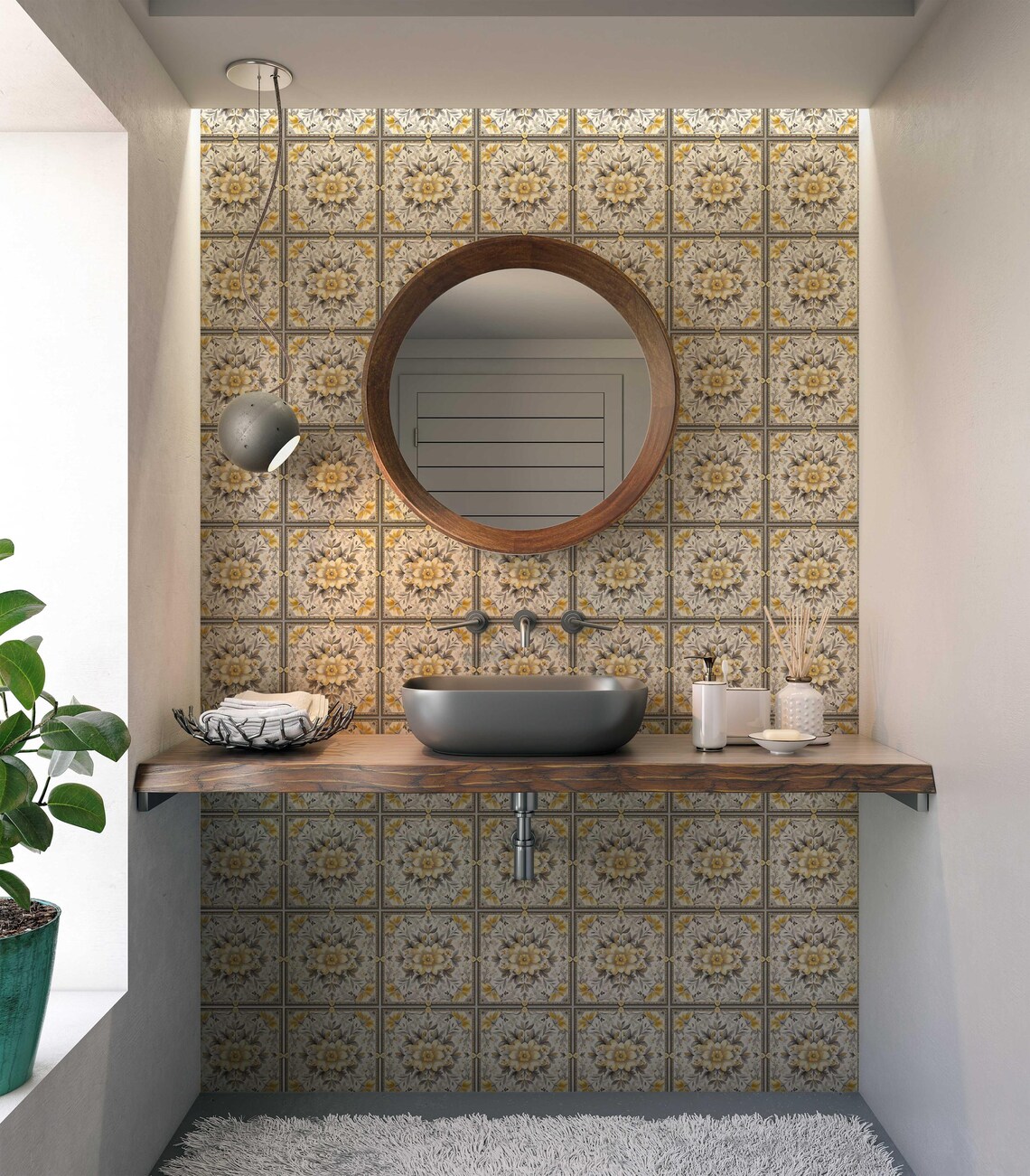 Yellow and Gray Ceramic Tile - Yellow Kitchen Tile - Floral Backsplash ...