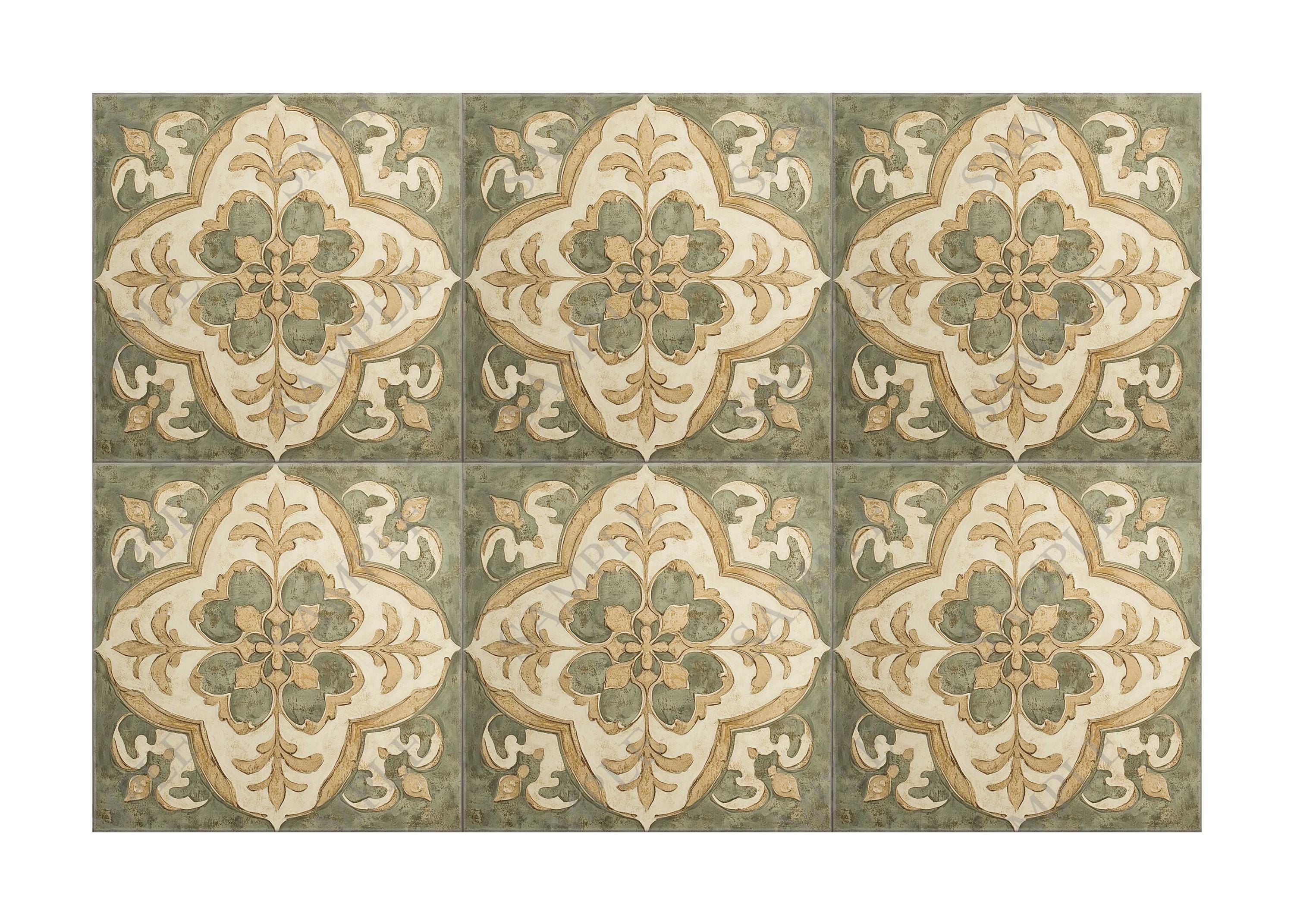 Sage Green Patterned Ceramic Tile - Antique Patterned Green Kitchen ...