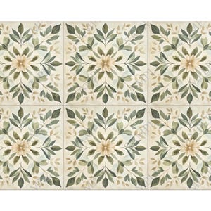 Green Beige Botanical Ceramic Tile Patterned Kitchen Backsplash Tile ...