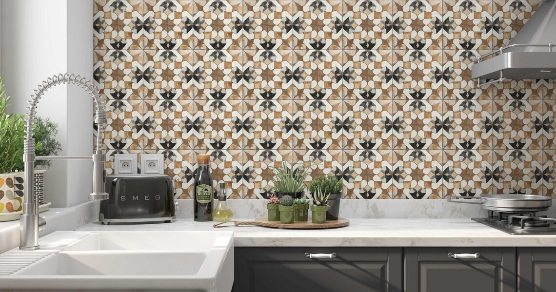 Vintage Neutral Tones Ceramic Tile Unique Patterned Kitchen Backsplash ...